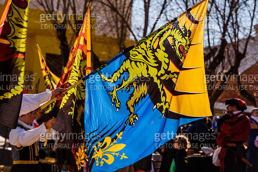 Italian Flags-wavers, Sbandieratori, performing the traditional and ...