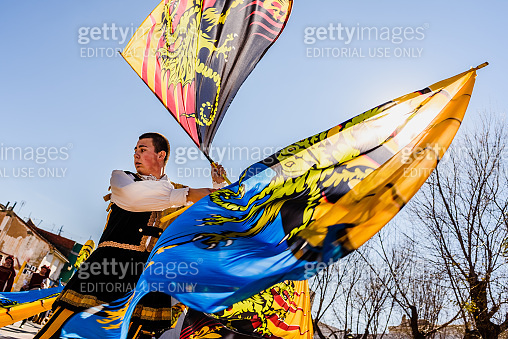 Italian Flags-wavers, Sbandieratori, performing the traditional and ...
