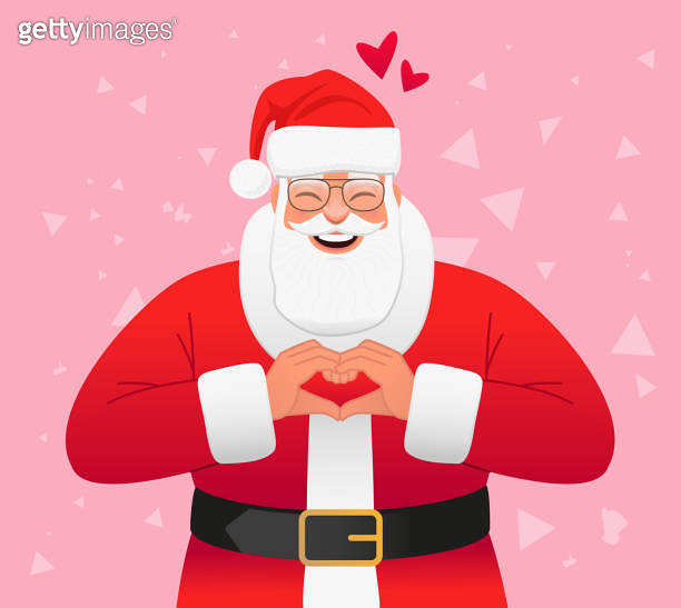 Smiling Santa Claus folded his palms in the shape of a heart. Old Santa ...