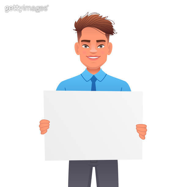 Happy man holds an empty poster. A white poster for advertising. Vector ...