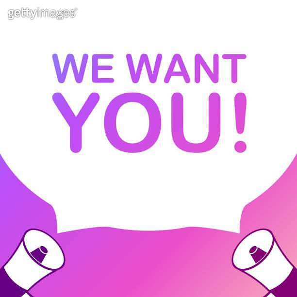We want you sign. Flat, purple, megaphone icons, we want you. Vector ...