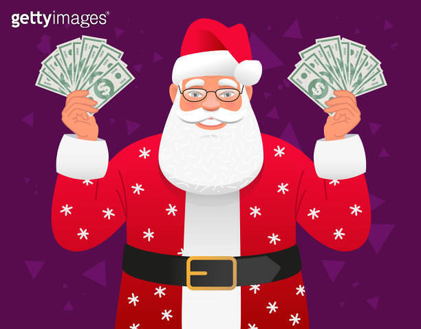 Rich Santa with money. Santa Claus in a beautiful suit with snowflakes ...
