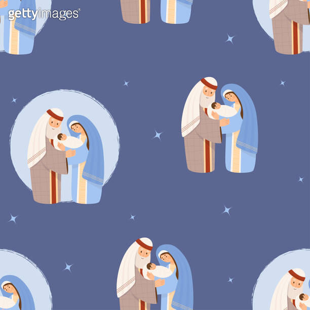 Christmas seamless pattern. Holy family. Cute Virgin Mary and Joseph ...