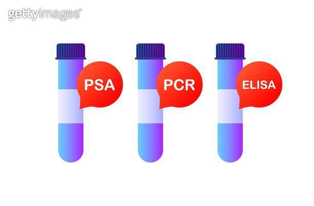 PCR, PSA, ELISA flacons. Flat, color, PCR test, PSA and ELISA flacons ...