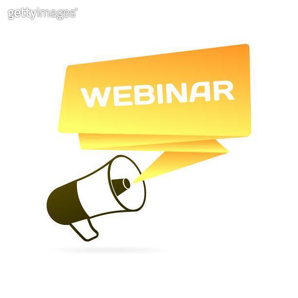 Webinar sign. Flat, yellow, megaphone text, lightning bolt shaped sign ...