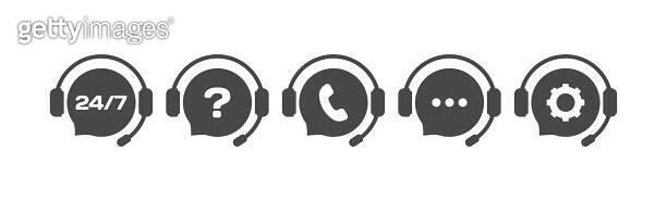 Support icons. Silhouette, grey, message bubble inside headphones ...