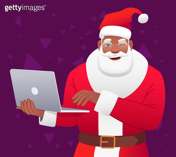 Cheerful black Santa Claus is working on a laptop. Cartoon African ...