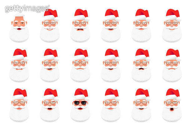 Heads of Santa Claus with a big gray beard. A collection of faces of a ...