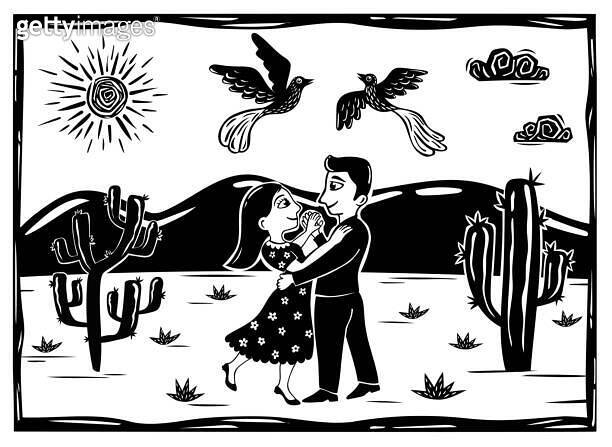 Loving couple dancing in a desert scene, birds flying, sun and clouds, cacti. Woodcut vector in ...