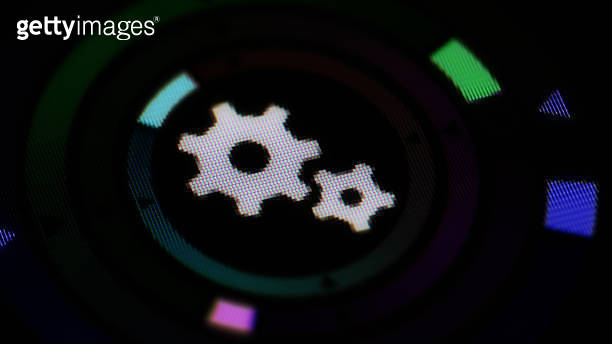 Gear icon on the screen. (1793818896) 아이콘, 무료 아이콘 - 게티이미지뱅크
