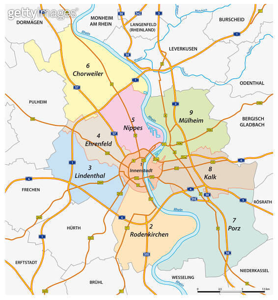 Administrative and street map of the city of Cologne, Germany 이미지 ...