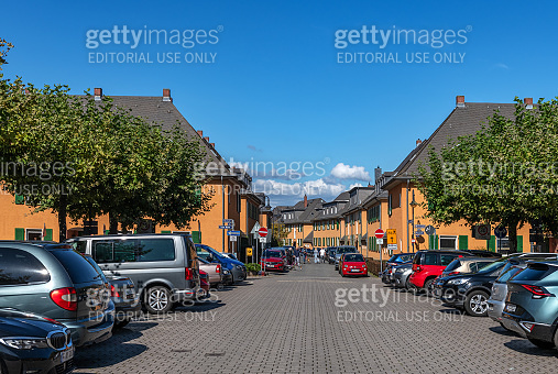 Buildings of the railway settlement in Frankfurt-Nied, Hesse, Germany ...
