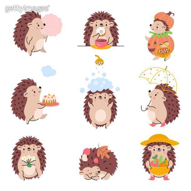 Cartoon hedgehogs stand and play. Hedgehog sleep, eating sweets and ...