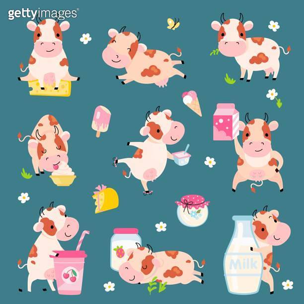 Dairy products. Cow hugs milk bottle, milkshake and yogurt, cheese and ...
