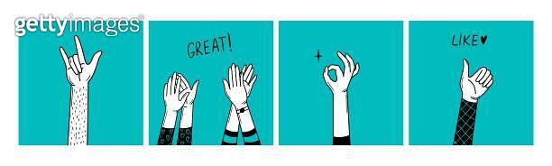 Positive support hands signs. Doodle hand clapping and applause, ok and ...