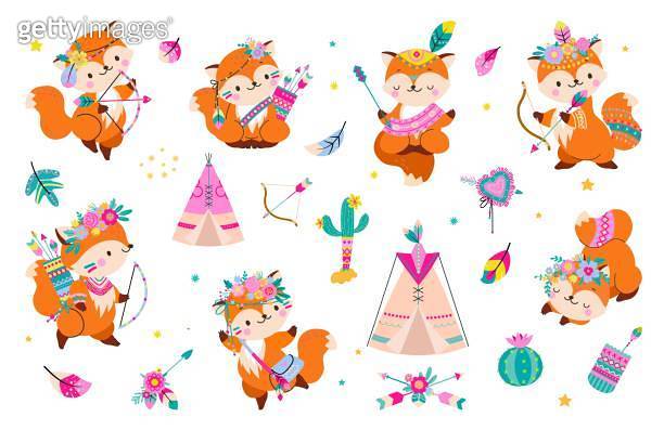 Woodland fox, wild tribal foxes with floral wreath and feathers arrows ...