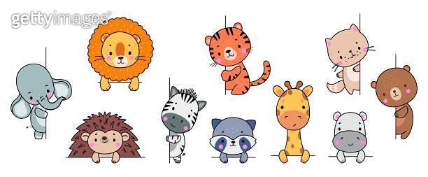 Animals looking out, funny animal peeking out window and wall. Cartoon ...