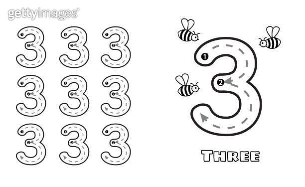 Number Three trace practice worksheet for prek kids and toddlers ...