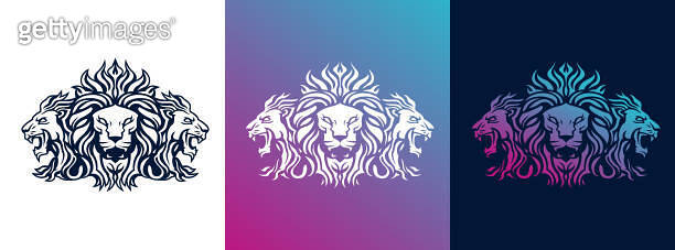 Triple Lion face mascot front and side view logotype line art eps ...