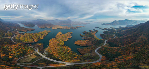 Panorama view of beautiful mountains in autumn at Chungju Lake, South ...
