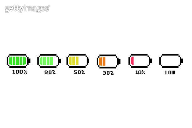 Different Battery charge level.Pixel art 8-bit (1775686563) - 게티이미지뱅크