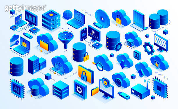 Vector Illustration of Cloud Computing Isometric Icon Set and Three Dimensional Banner Design ...