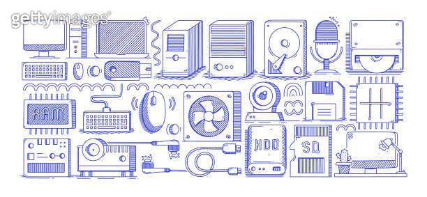 Computer technology, hand drawn sketch, vector doodle line icon set ...