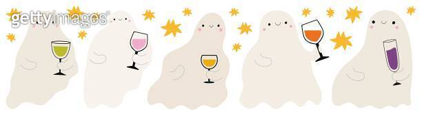 Vector illustration set with ghosts holding colorful wine and alcohol ...