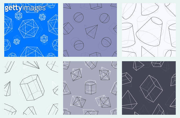 Geometric shapes triangle square cube pyramid line seamless pattern set ...