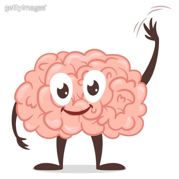 Smiling cartoon brain waving hand friendly greeting character vector ...