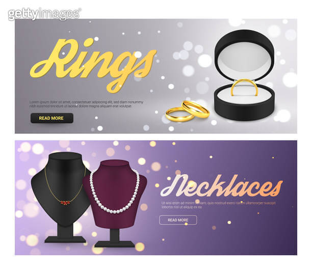 Jewelry product web banner with rings and necklaces landing page set ...