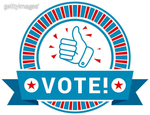 Vote badge political election voice symbol with thumb up and blue ...