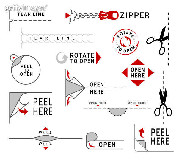 Open here sign opening lock rotate scissors cutting tear notch line tag ...