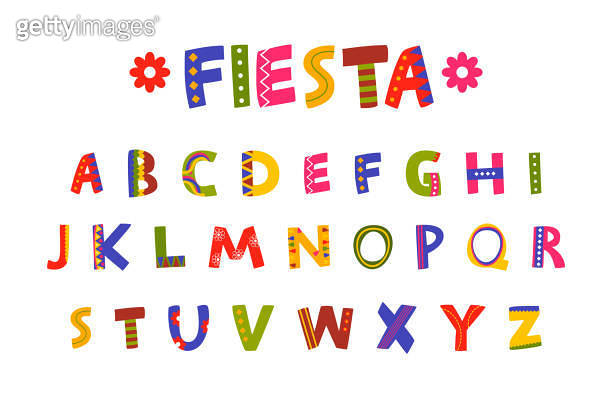 Fiesta font abc English letters Mexican traditional colored ornate ...