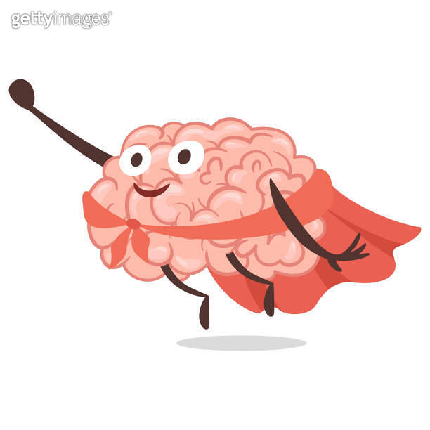 Cartoon brain superhero flying in red cloak intellectual clever ...