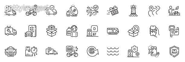 Icons pack as Transport insurance, Bus tour and Flight mode line icons ...