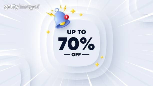 Up to 70 percent off sale. Discount offer price sign. Neumorphic sunburst banner. Vector 이미지 ...
