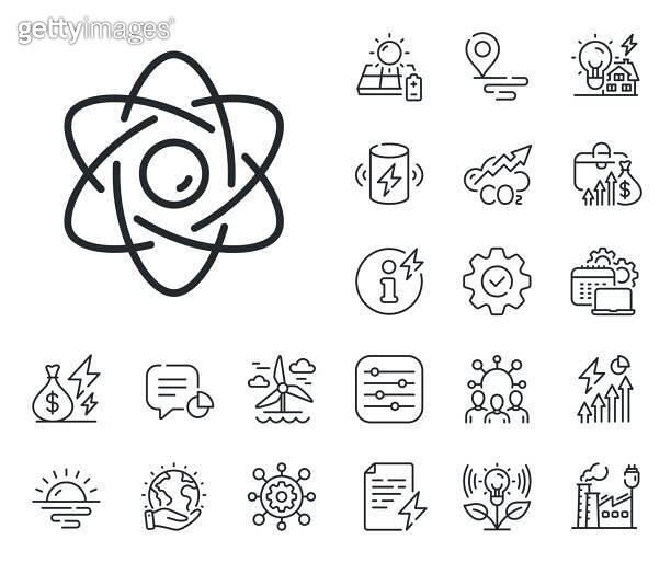 Atom core line icon. Nuclear power sign. Energy, Co2 exhaust and solar ...