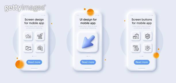 Augmented reality, Microscope and Shopping line icons pack. For web app. 3d phone mockups ...
