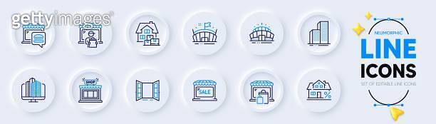 Arena stadium, Delivery market and Home moving line icons for web app ...