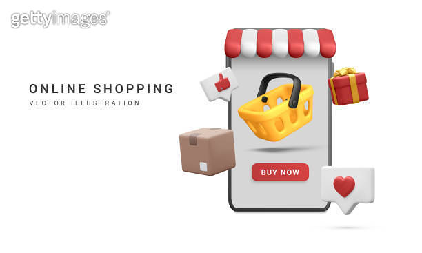 3d realistic store in smartphone with shopping cart, carton box and ...