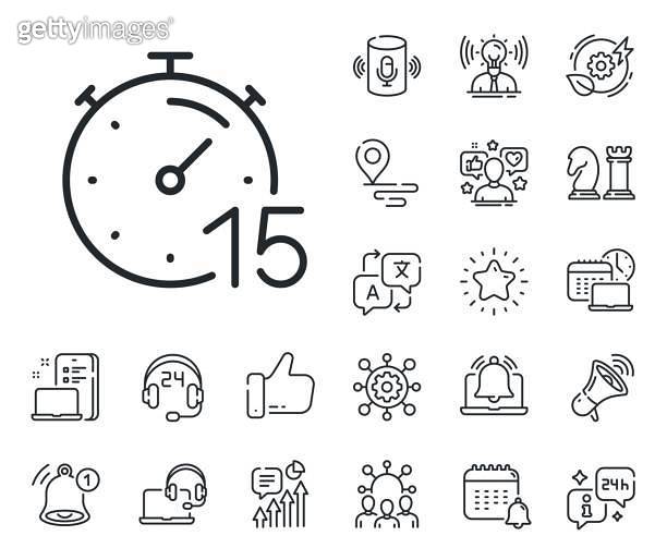 Timer 15 minutes line icon. Stopwatch time sign. Place location ...