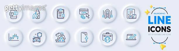 Candlestick graph, Reject checklist and Smartphone charging line icons for web app. Pictogram ...