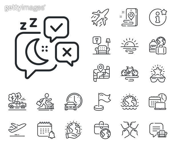 Sleep line icon. Night rest sign. Plane jet, travel map and baggage ...