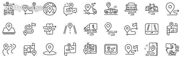 Road map line icons. Journey path, Route map and Trip distance icons. Vector 이미지 (1477567915 ...