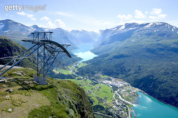 Leon skylift top in Norway. Panorama view over Loen and the inner part ...