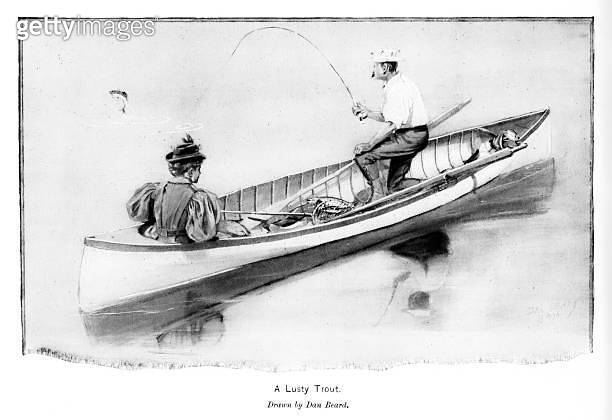 Trout on Line as Man and Woman Fish from Canoe 이미지 (1681446897) - 게티이미지뱅크