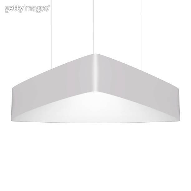 Hanging triangle trade show display realistic vector mockup. Triangular ...