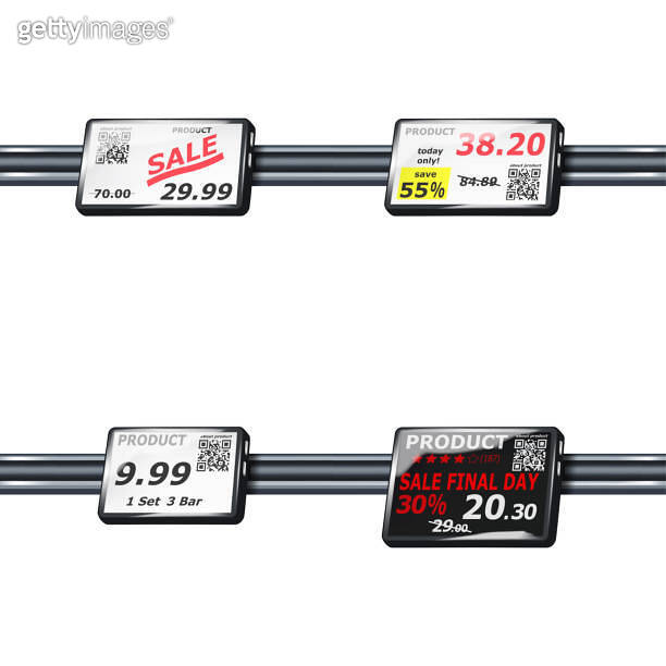Electronic shelf label on rail set. E-paper display for retail store ...