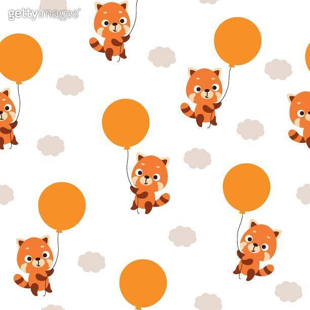 Cute little red panda flying on balloon seamless childish pattern ...